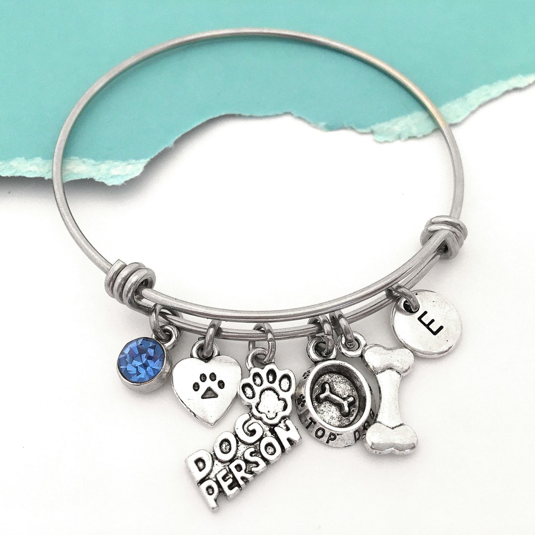 Dog Bangle, Dog Charm Bracelet, Paw Print Bangle, Personalized Initial ...