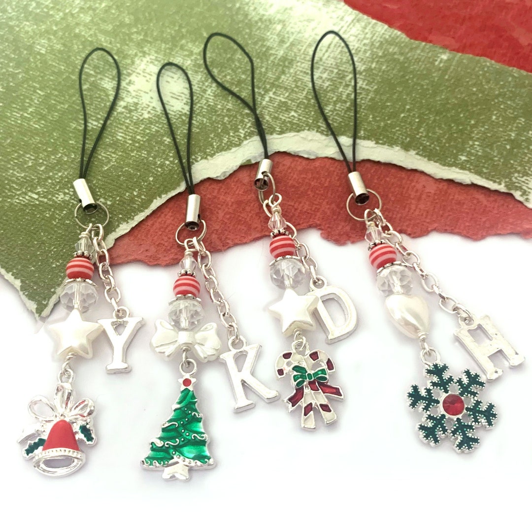 Christmas Phone Charm, Holiday Gifts, Stocking Stuffers, Silver Initial ...