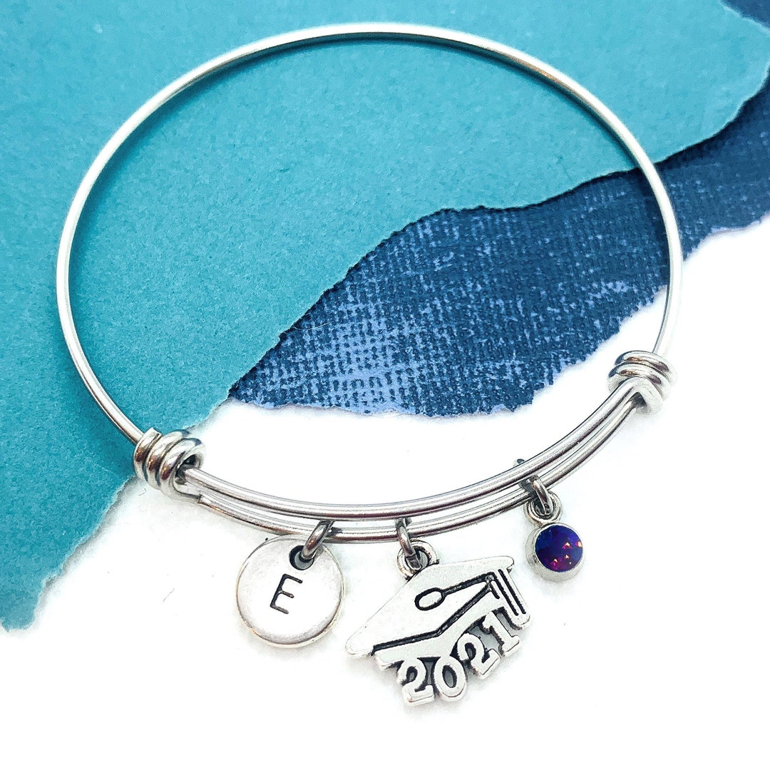 2024 Graduation Bracelets, Initial Bangle, Class of 2024 Graduation Cap ...