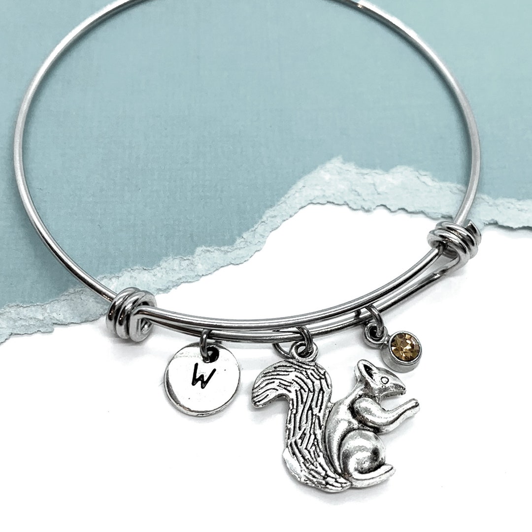 Squirrel Charm Bracelet, Squirrel Lover, Initial Bangle, Squirrel ...
