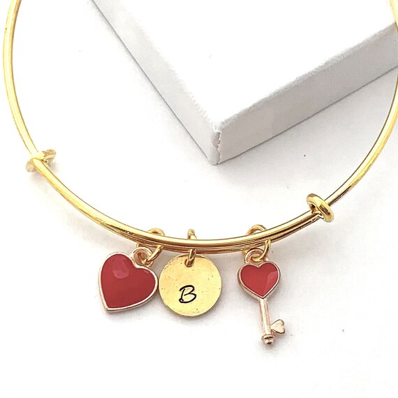 Red Heart Bangle Bracelet Key to My Heart Bracelet Red and Gold Bracelet Valentines Day Gift for Girlfriend Heart and Key Charm Bracelet Etsy