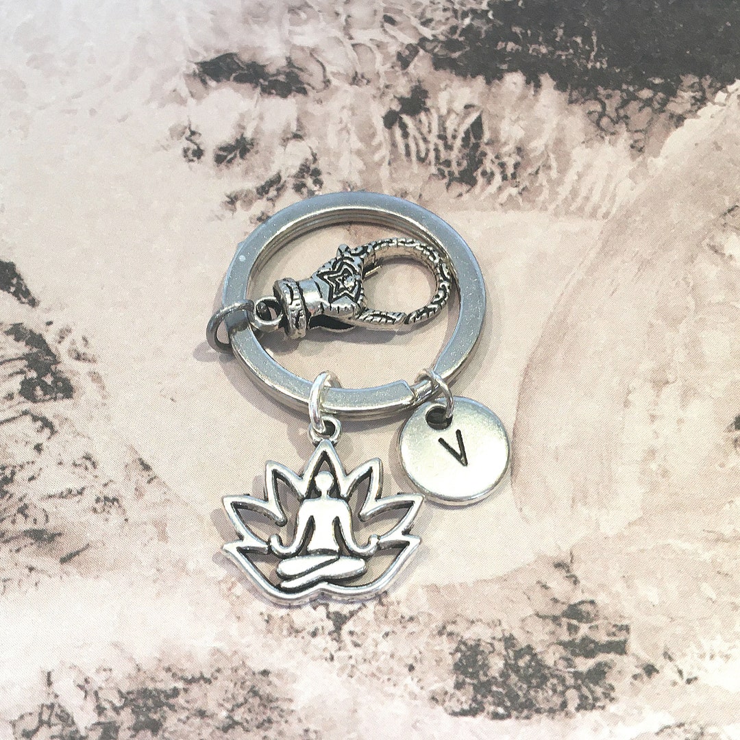 Lotus Keychain, Lotus Flower Keychain, Lotus Charm Keyring, Initial ...