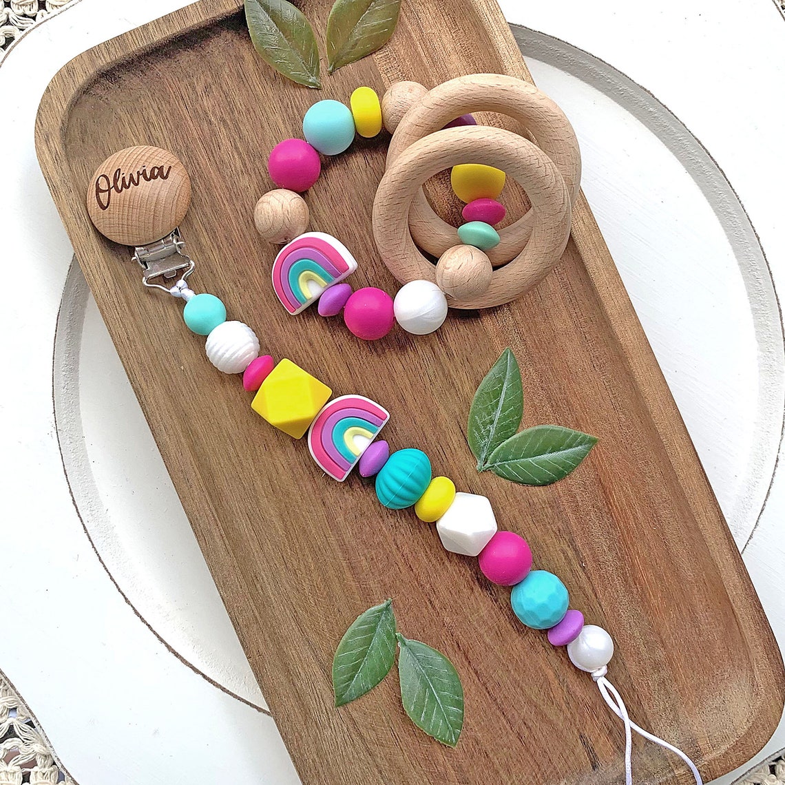 Rainbow Pacifier Clip, Personalized Rainbow Baby Gift, Silicone Rattle ...