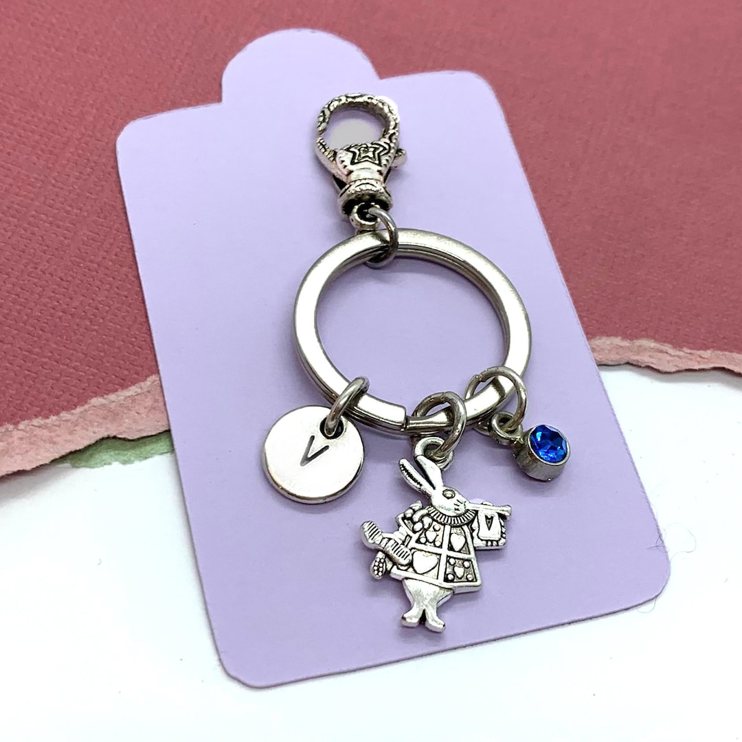 White Rabbit Keychain, Alice in Wonderland Rabbit Key Chain, Initial ...