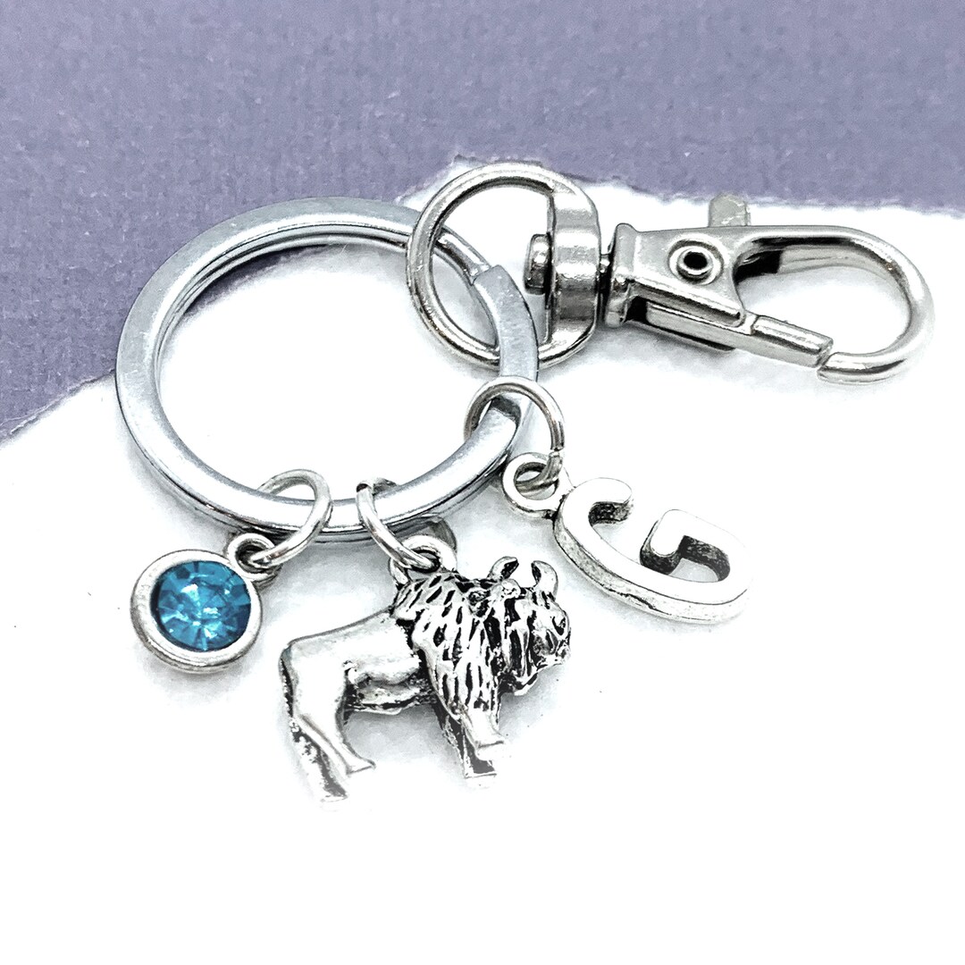 Buffalo Keychain, Bison Keychain, Initial and Birthstone, Personalized ...