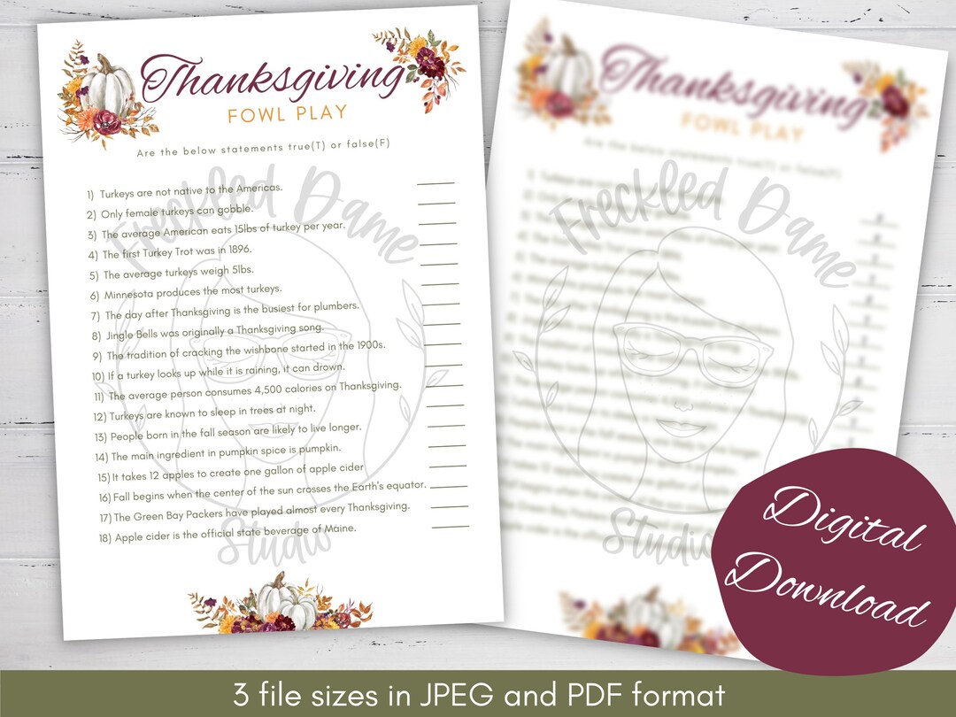 Fowl Play True or False Game Printable Digital Download Thanksgiving ...