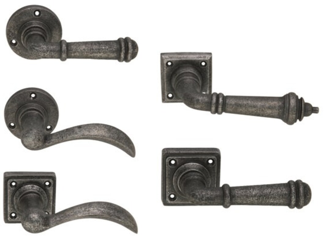 Antique Cast Iron Lever Door Handle Set Round/ Square Rose Heavy Sprung ...
