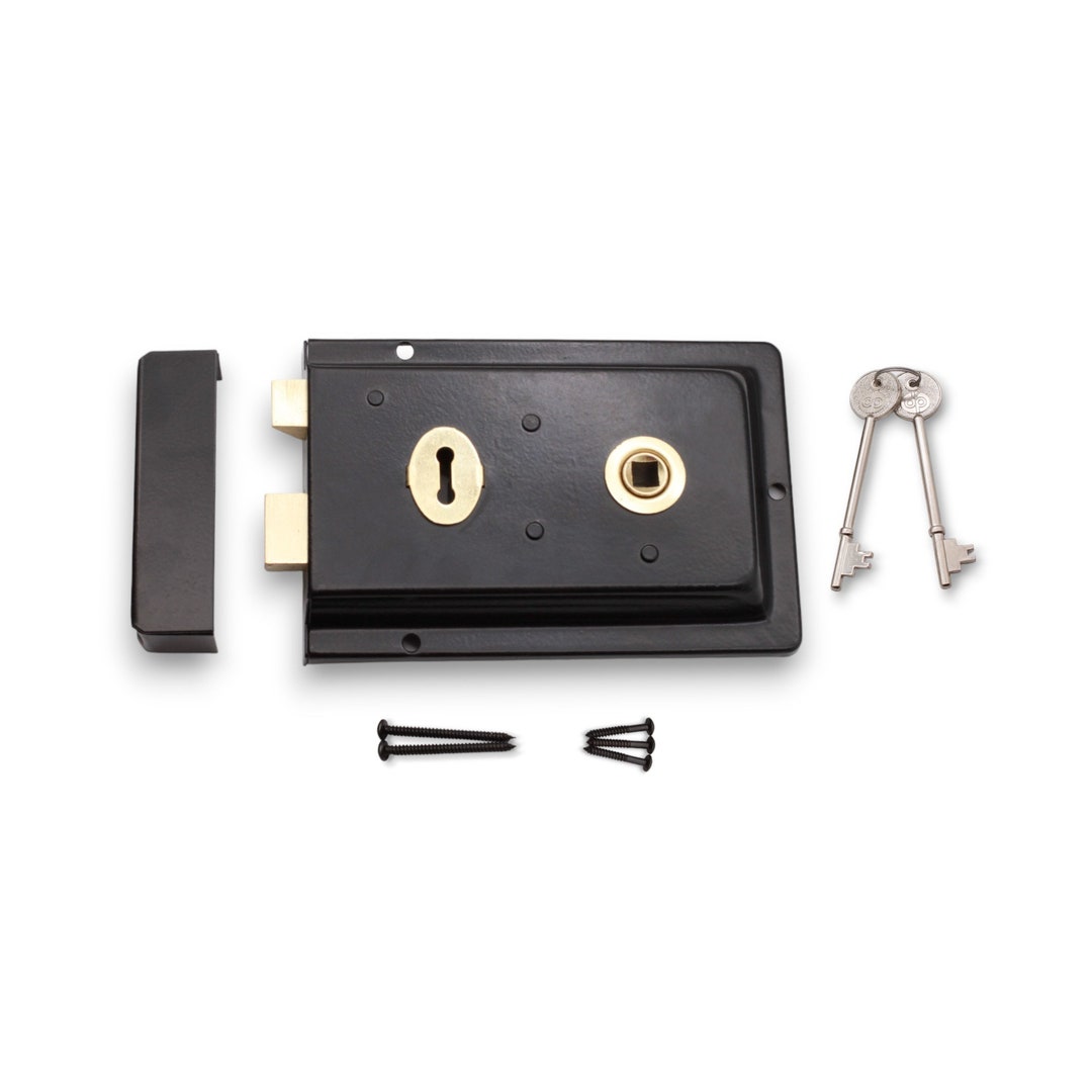 Fluted Epoxy Black Rim Lock Latch Set – Traditional Key Locking ...