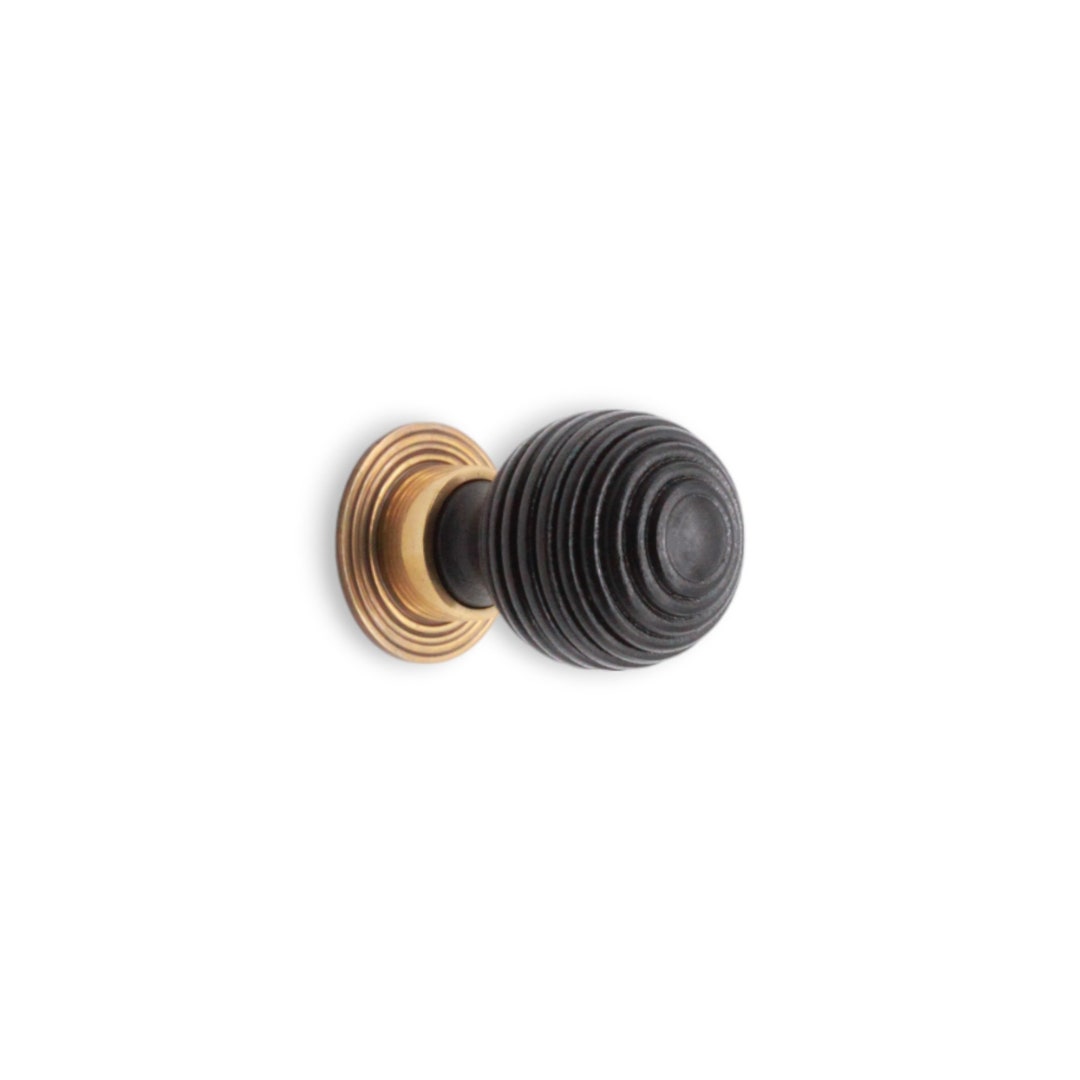 Ebonised Beehive Wooden Preston Reeded Knob With Aged Brass Rose Cupboard Dresser Kitchen ...