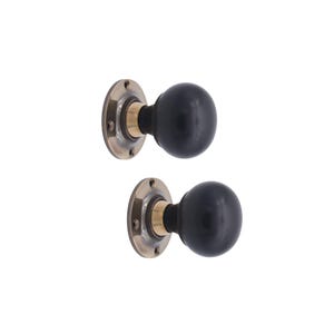 Vintage Style Pure Ebony Wooden Bun Mortice Rim Door Knobs Set on Aged Brass Rose 60mm ...