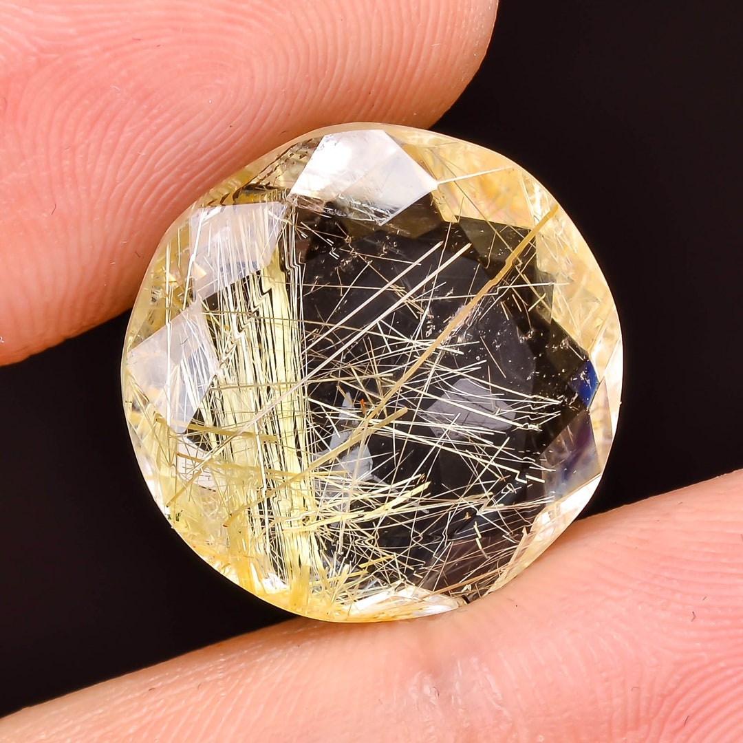Faceted Golden Rutilated Quartz Gemstone Round Cut Stone,(18x18x7 MM ...