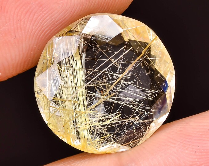 Faceted Golden Rutilated Quartz Gemstone Round Cut Stone,(18x18x7 MM ...