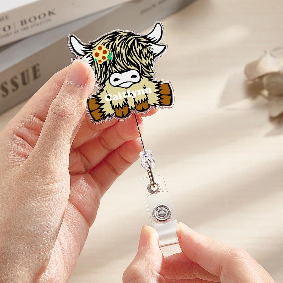 Personalized Highland Cow Badge Retractable Acrylic Badge Reel ID Clip ...