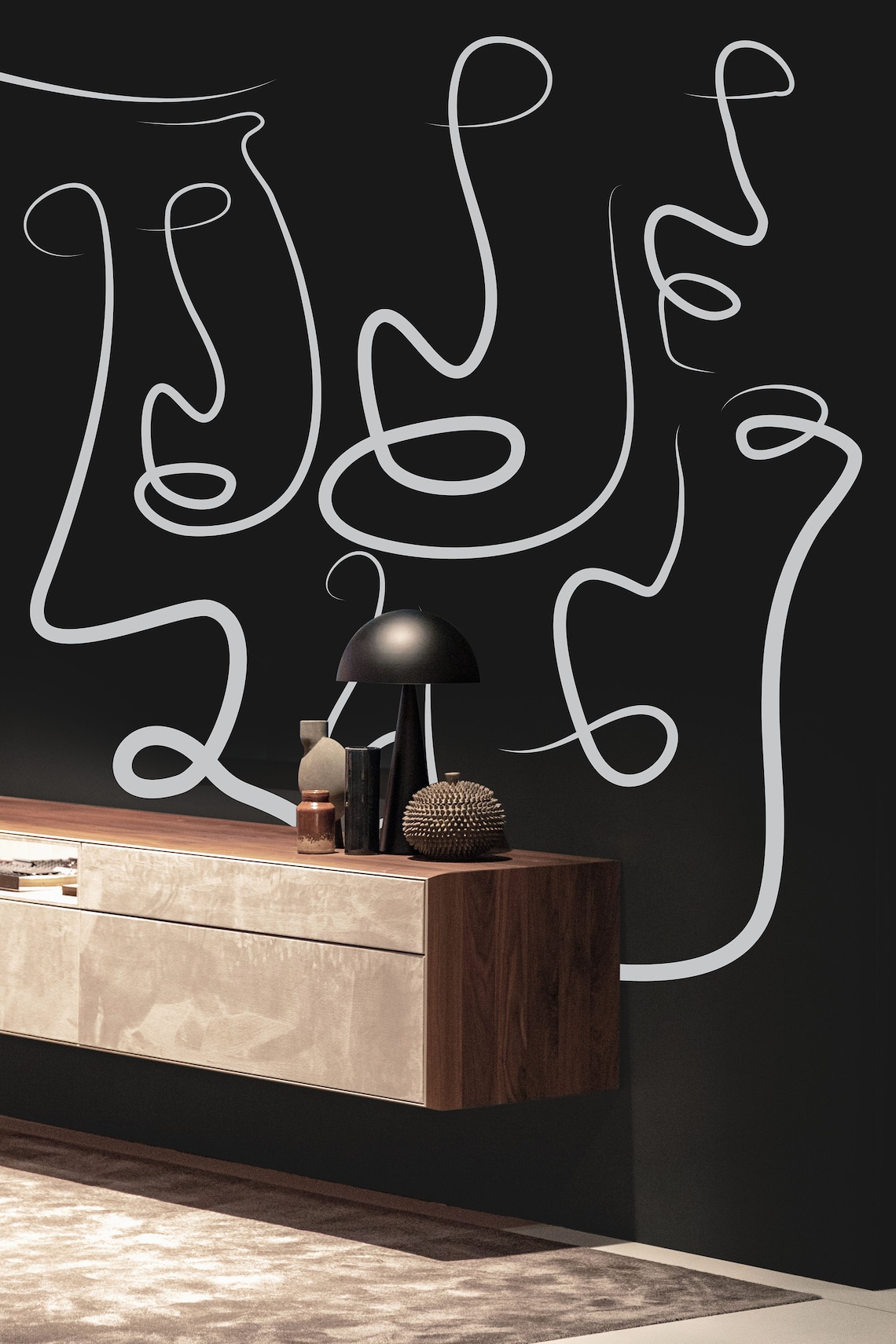 Face Line Mural, Unique Mural, Black Mural, Minimalist Wallpaper ...