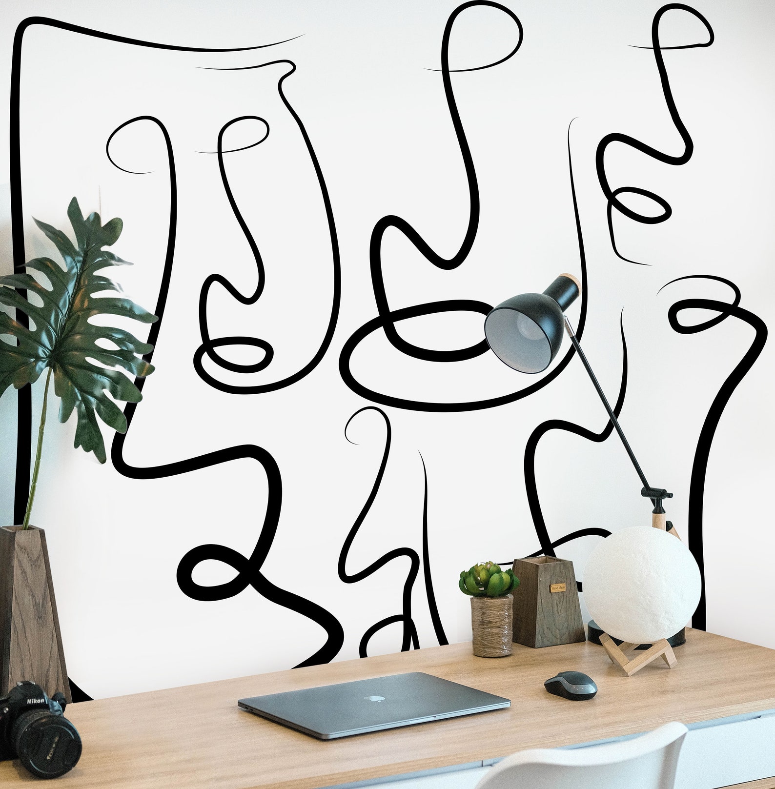 Face Line Mural, Unique Mural, Black Mural, Minimalist Wallpaper ...