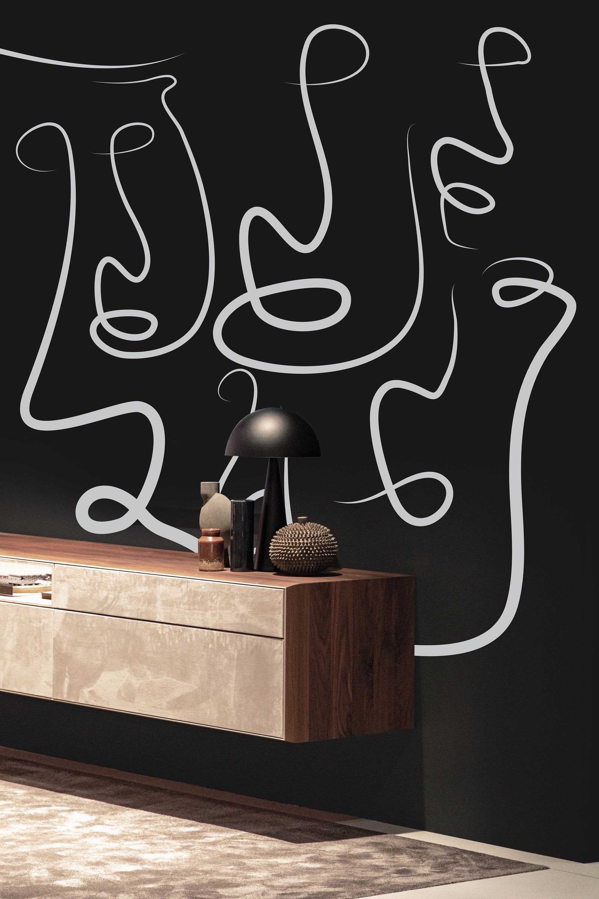 Face Line Mural, Unique Mural, Black Mural, Minimalist Wallpaper ...