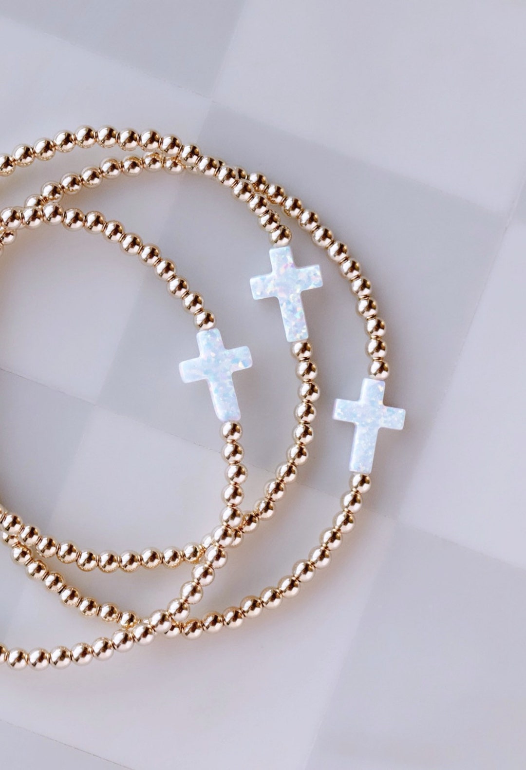 Sideway Cross and 3mm Gold Filled Beaded Bracelet Opal Cross Beaded ...