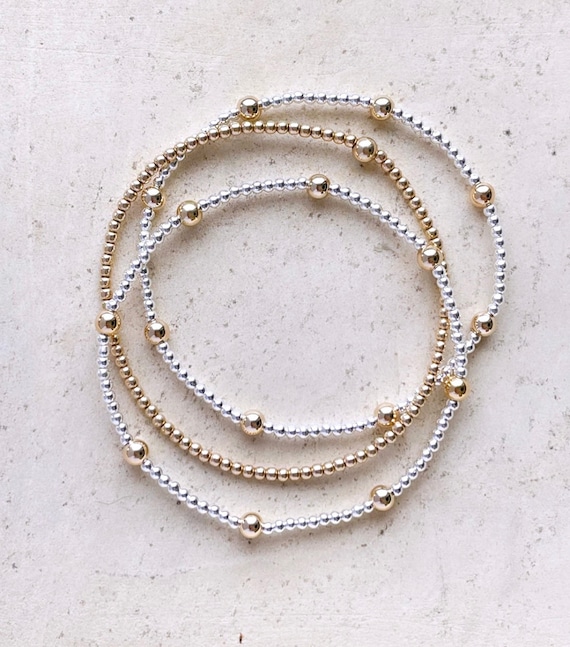 Silver & Gold Stack 14kt Gold Filled Ball Beaded Bracelets - Etsy