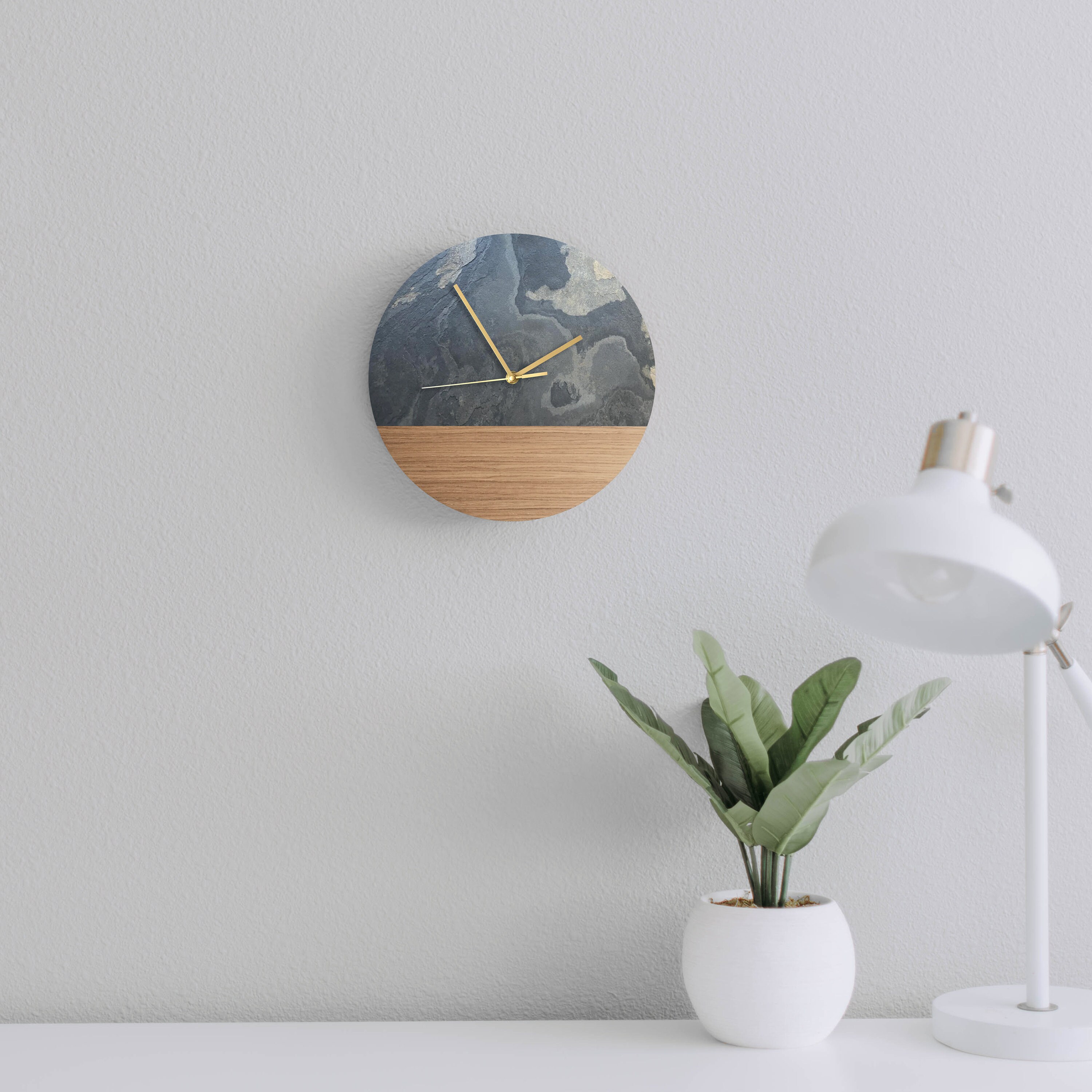 Modern Round Wall Clock With Stone and Wood Texture, Silent Movement ...
