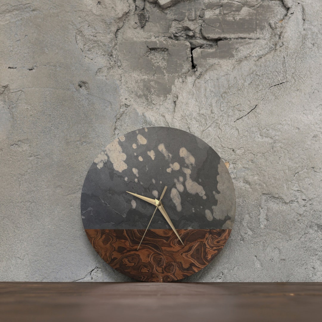 Modern Stone and Wood Round Wall Clock, Silent Movement, Golden Clock ...