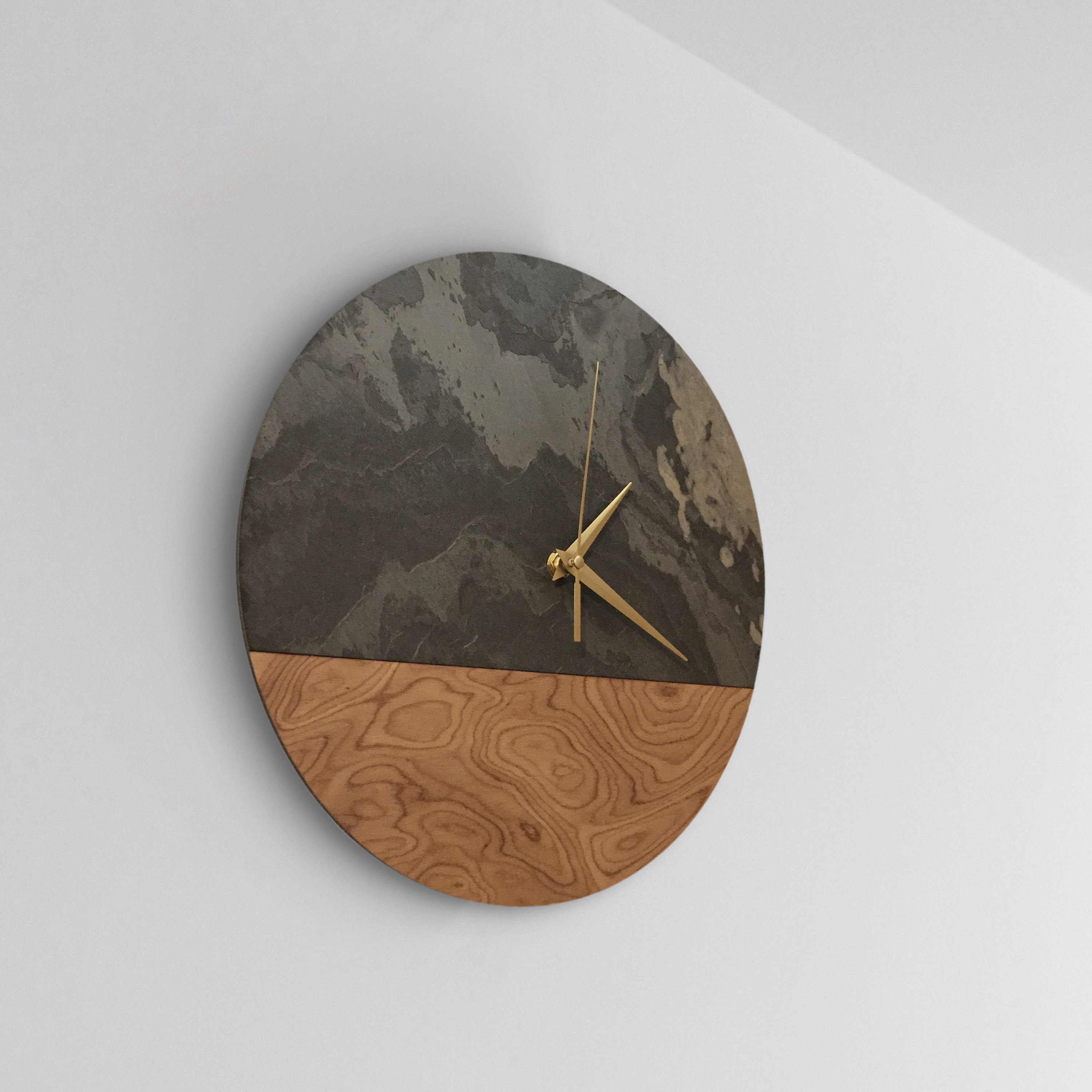 Modern Stone and Wood Round Wall Clock, Silent Movement, Golden Clock ...