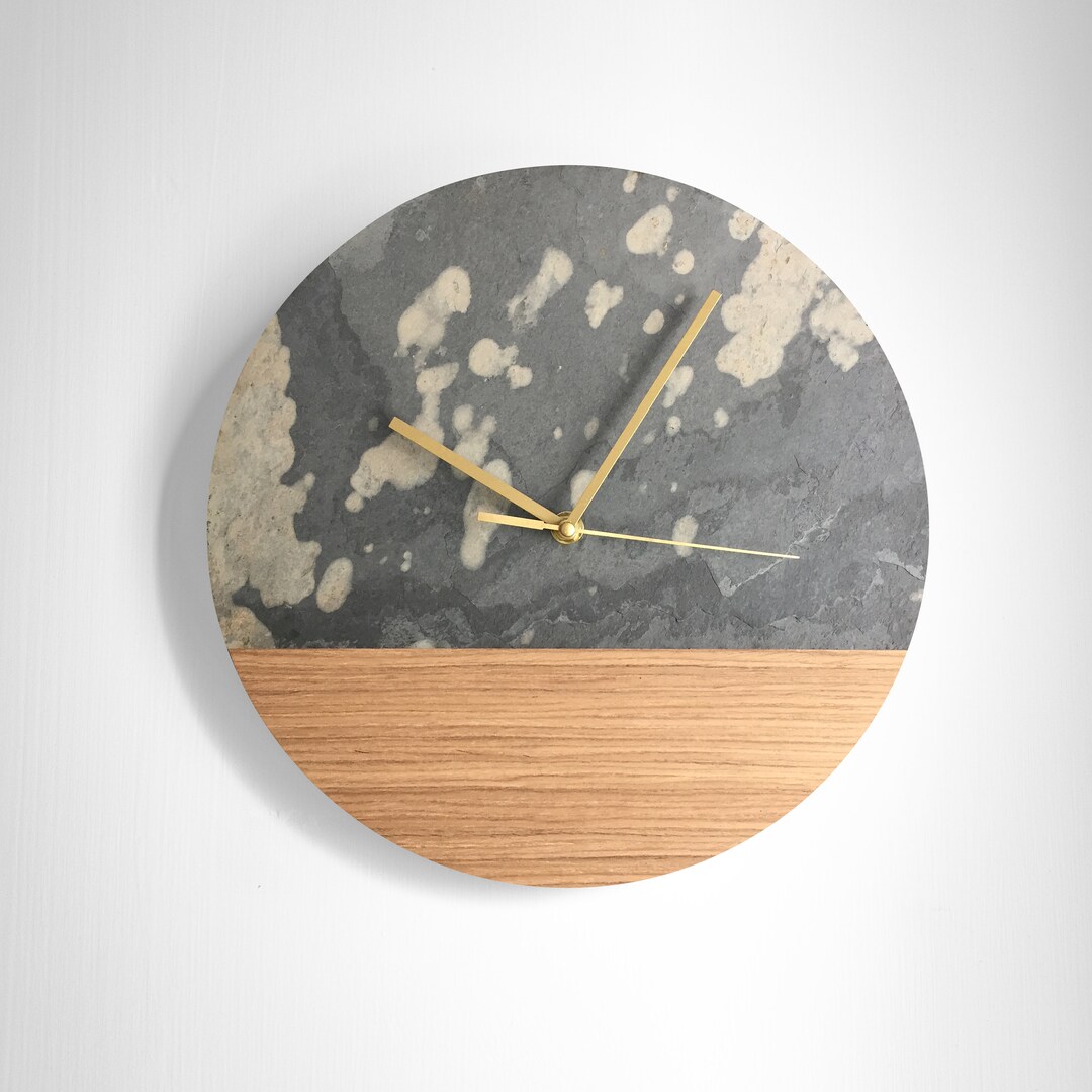 Modern Round Wall Clock With Stone and Wood Texture, Silent Movement ...