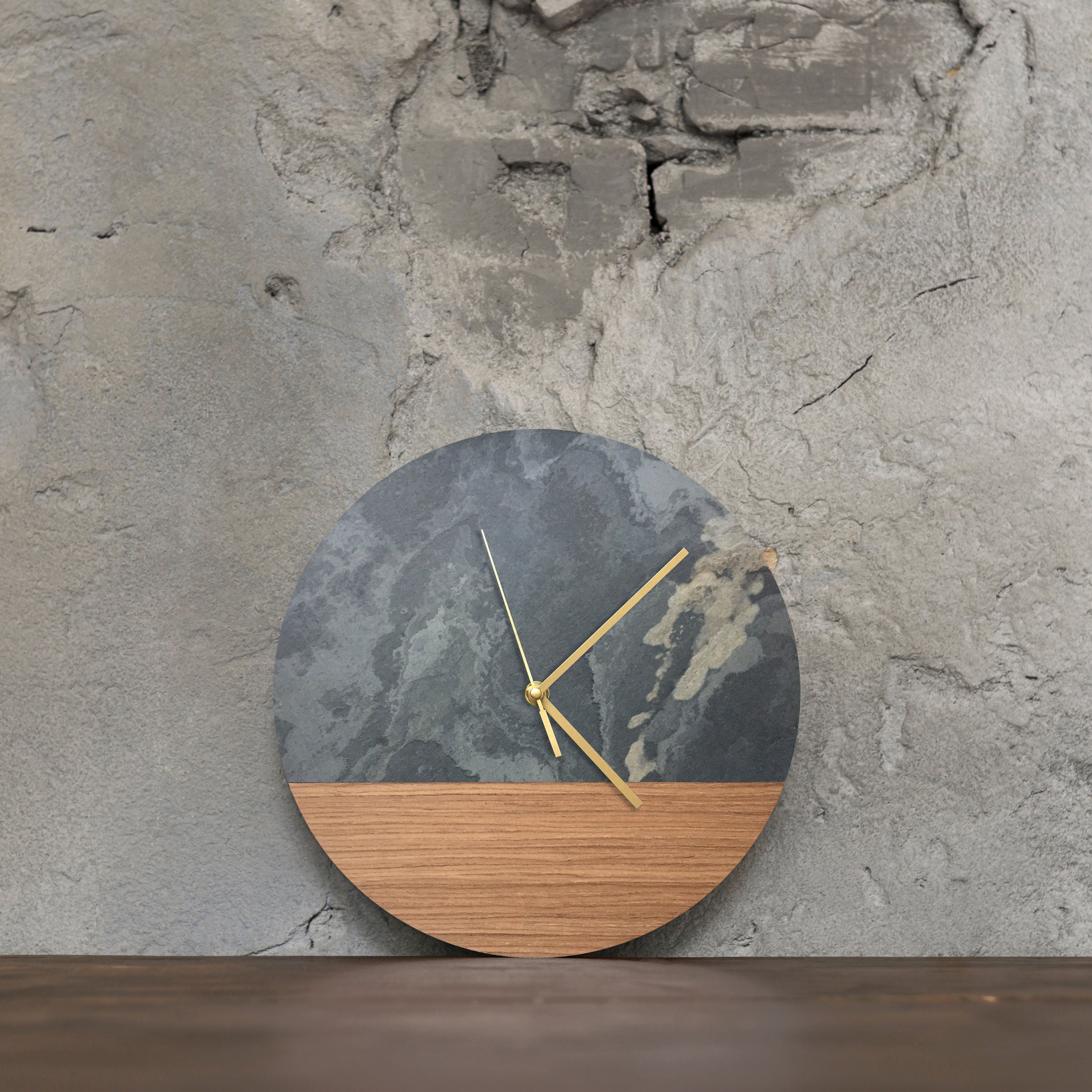 Modern Round Wall Clock With Stone and Wood Texture, Silent Movement ...