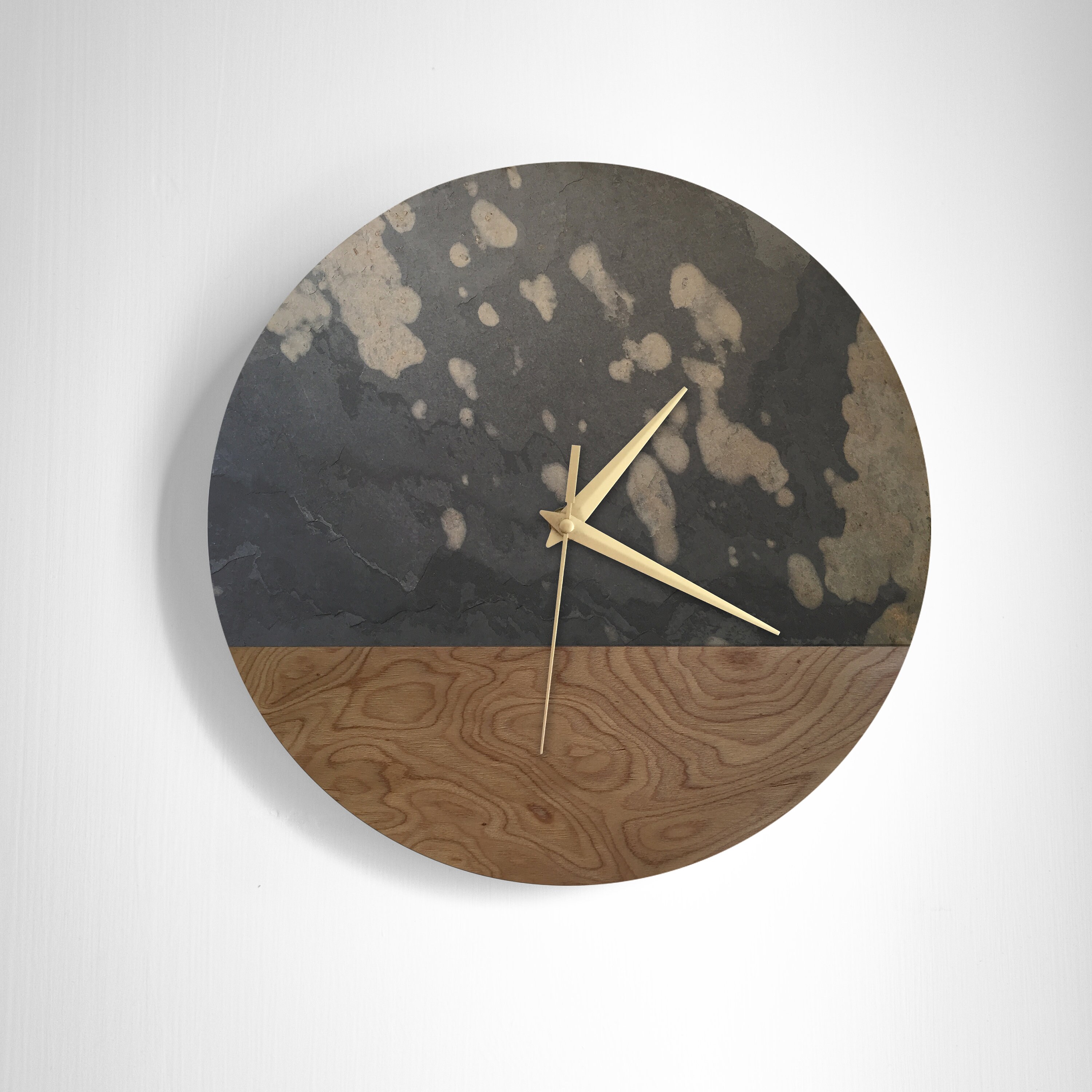 Modern Stone and Wood Round Wall Clock, Silent Movement, Golden Clock ...