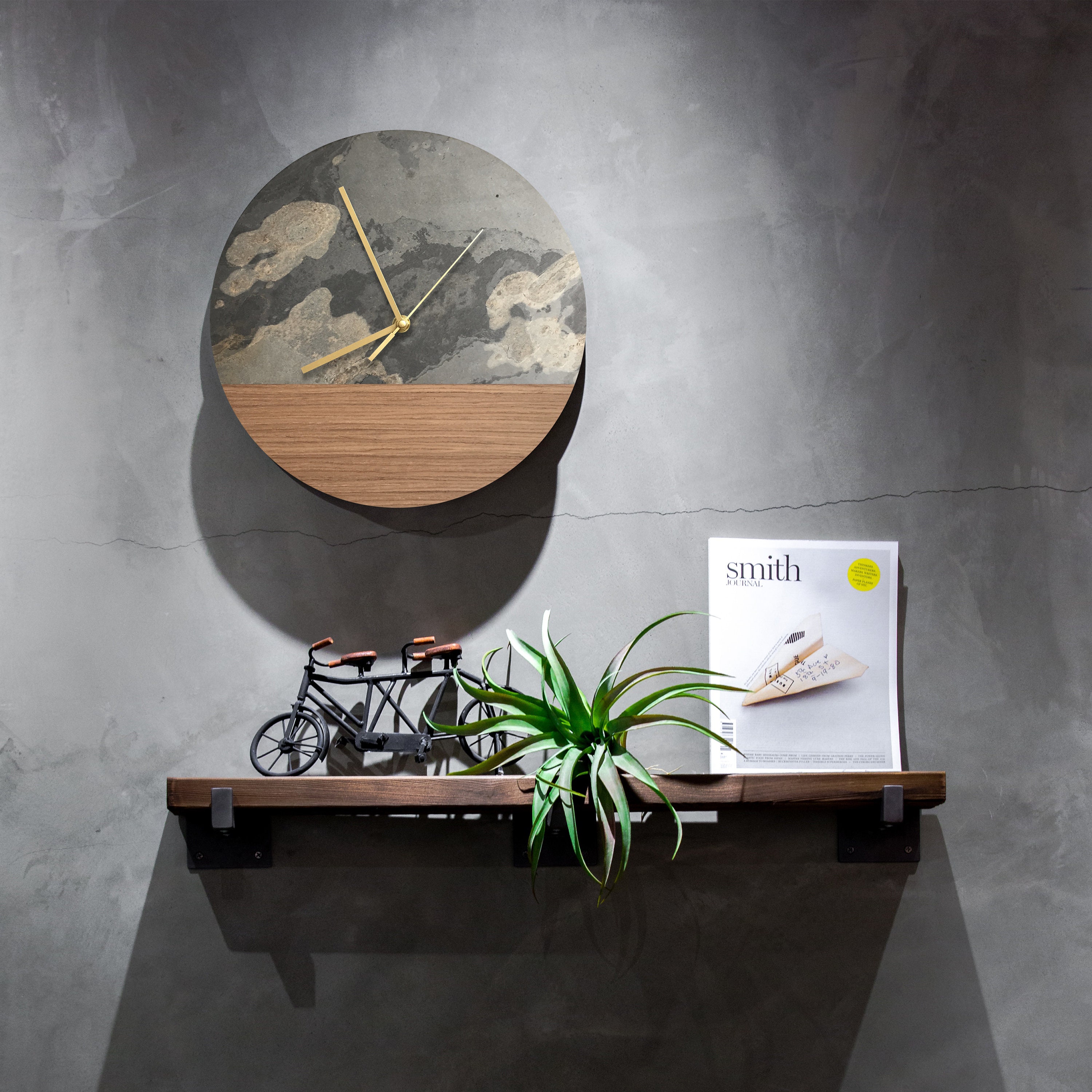 Modern Round Wall Clock With Stone and Wood Texture, Silent Movement ...