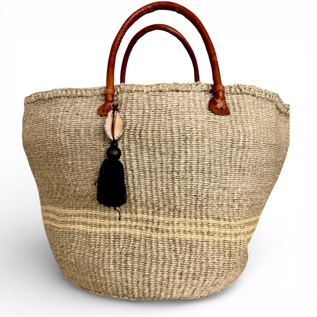 Mifuko Market Basket Sisal Beige Thick Leather Short Handles - Etsy