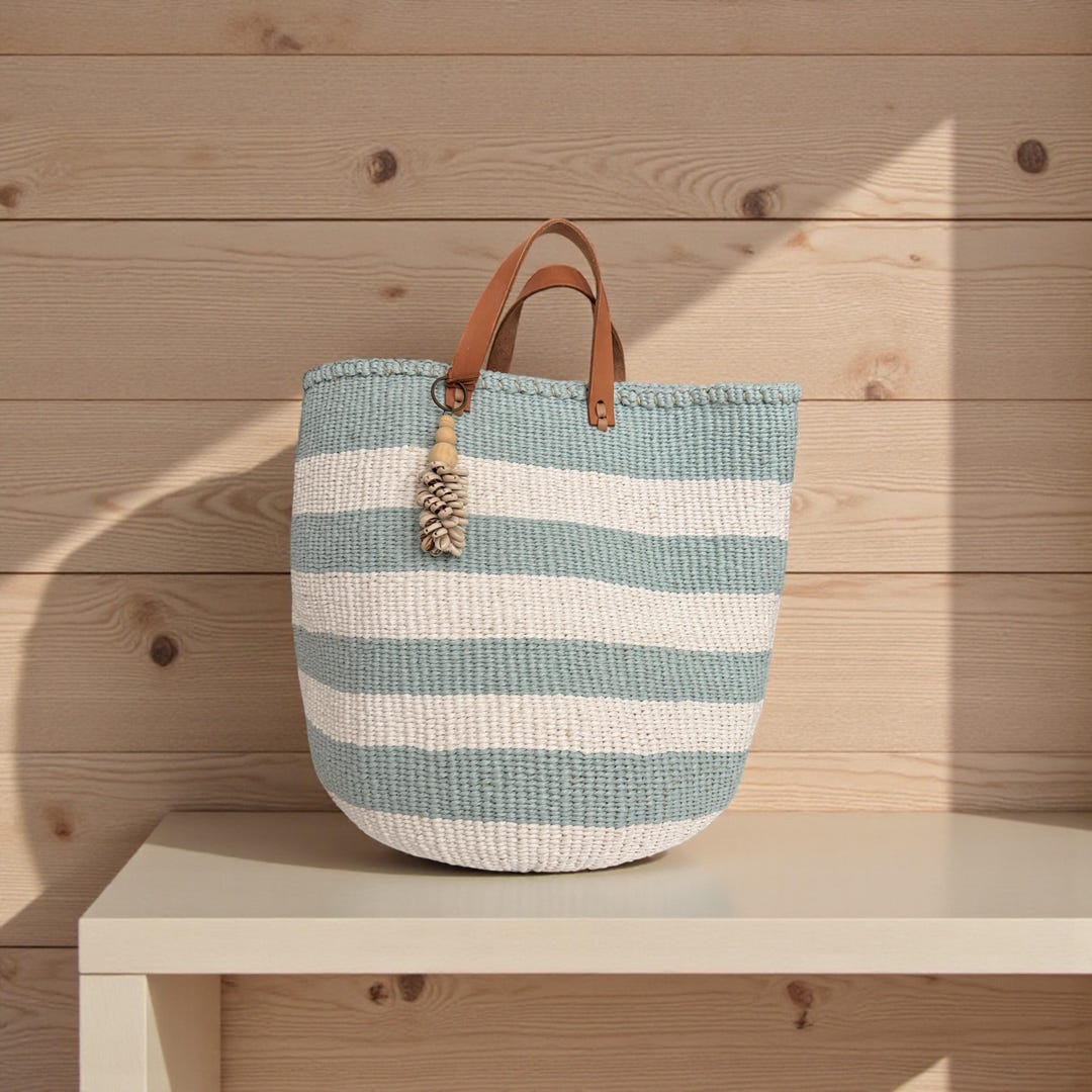Mifuko Market Basket Natural and Blue/green Thick Leather Short Handles ...
