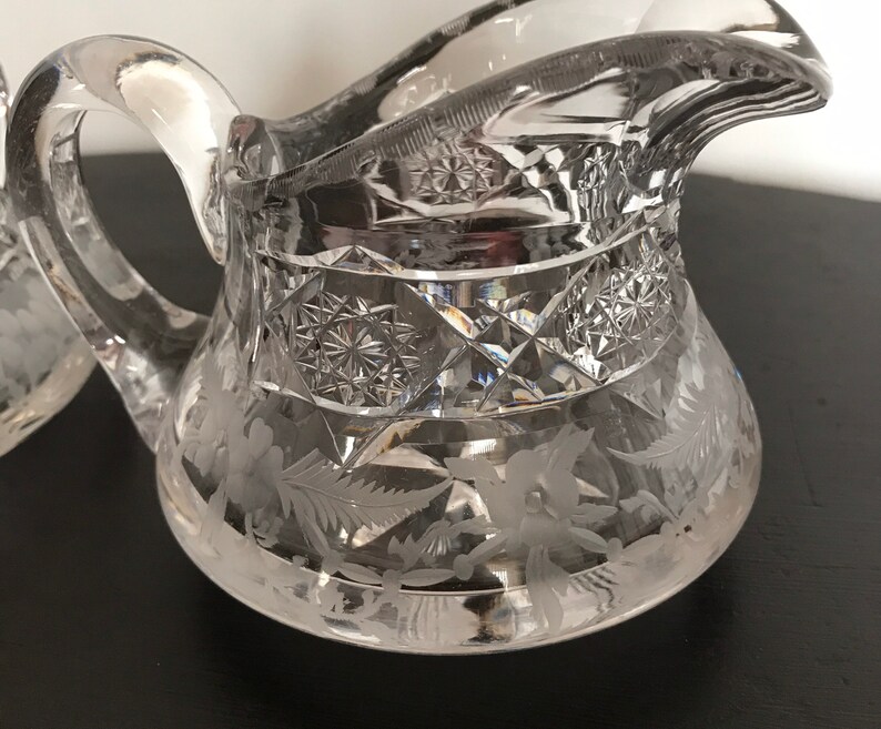 Antique Heavy Lead Crystal Cut Glass Etched Floral Creamer Sugar Set - Etsy