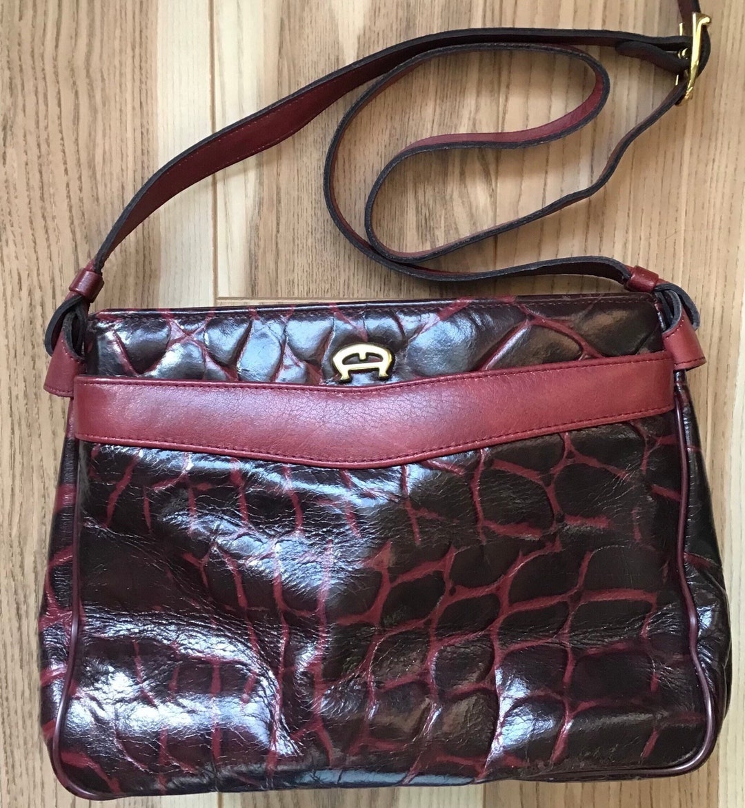Etienne Aigner Croc Embossed Shoulder Handbag Oxblood Burgundy Red ...