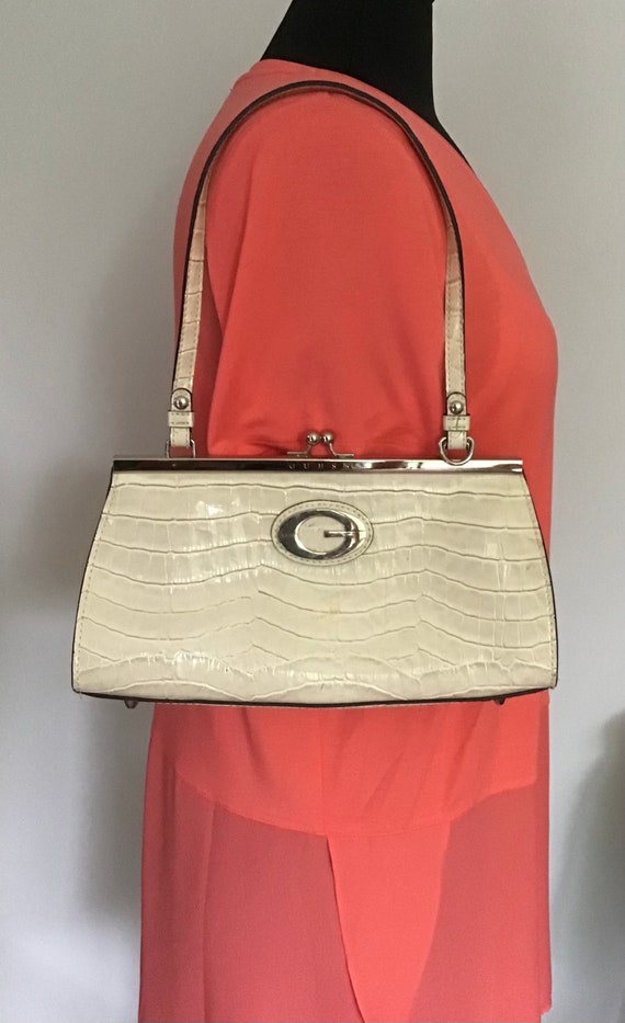 Guess Crocodile Embossed Kiss lock Winter White Top H… - Gem