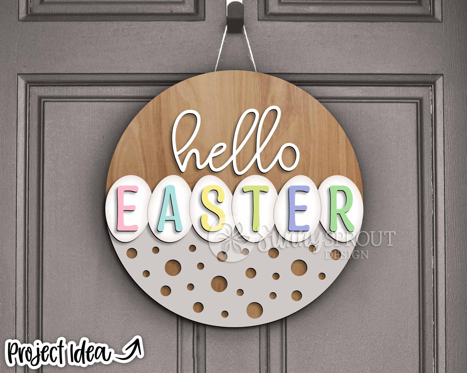 Hello Easter Eggs Polka Dot Sign, Round Door Hanger Svg, Glowforge ...