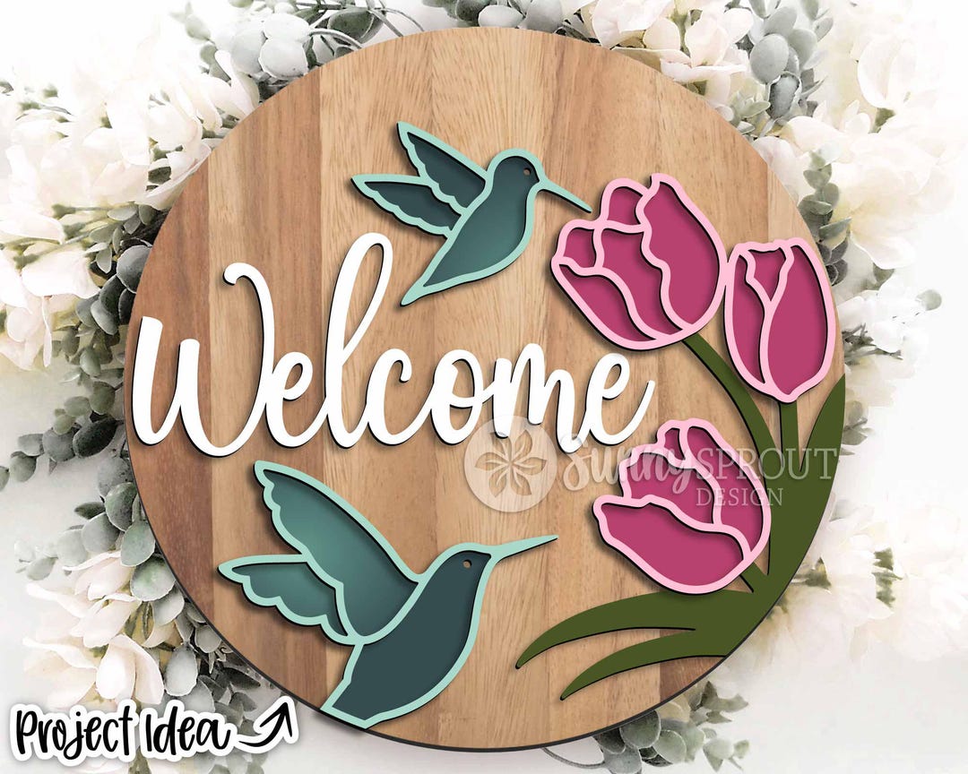 Welcome Hummingbird Tulips Sign, Digital Download, Round Door Hanger ...