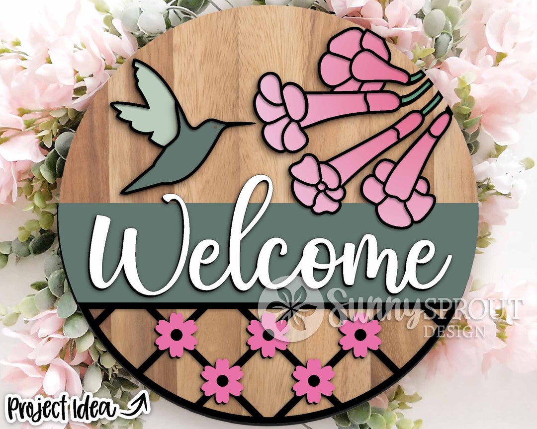 Welcome Hummingbird Flower Sign, Digital Download, Round Door Hanger ...