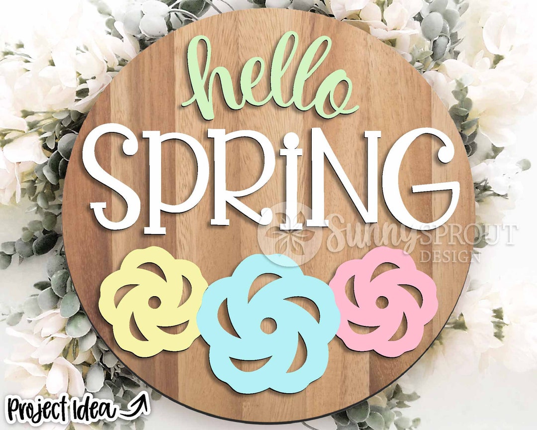 Hello Spring Flowers Sign, Round Door Hanger Svg, Spring Welcome Sign ...