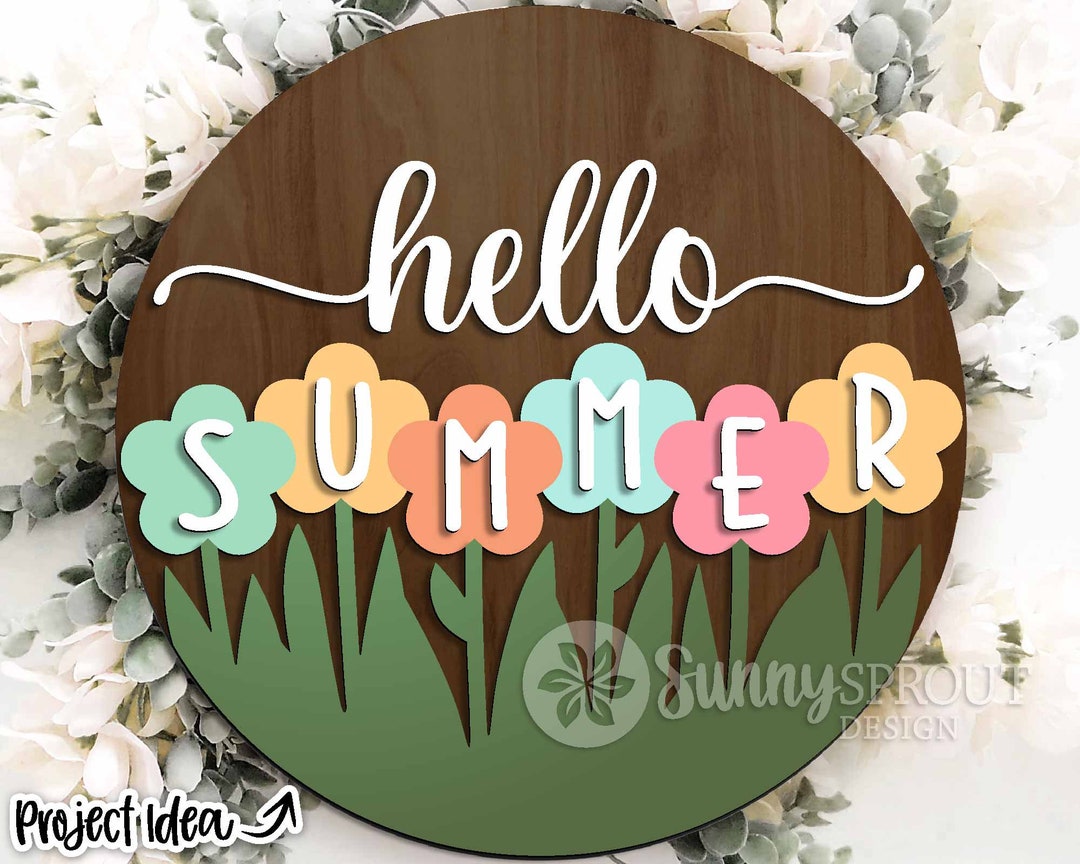 Hello Summer Flower Sign, Round Door Hanger Svg, Summer Welcome Sign ...