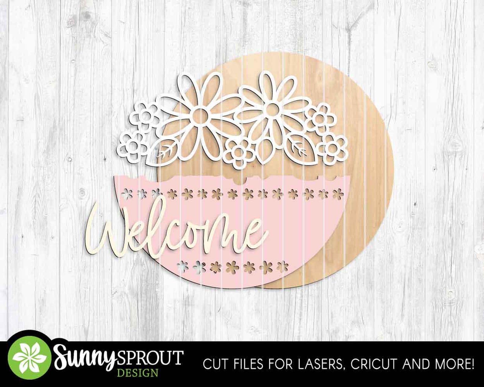 Welcome Floral Outline Sign, Round Door Hanger Svg, Glowforge Laser Cut ...