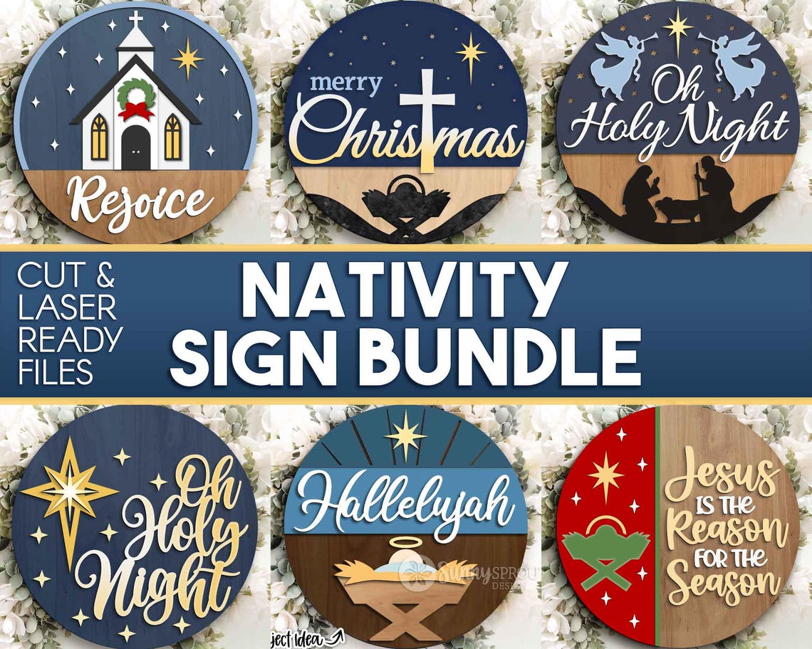 Nativity Laser Sign Bundle, Round Door Hanger, Glowforge Laser Cut File ...