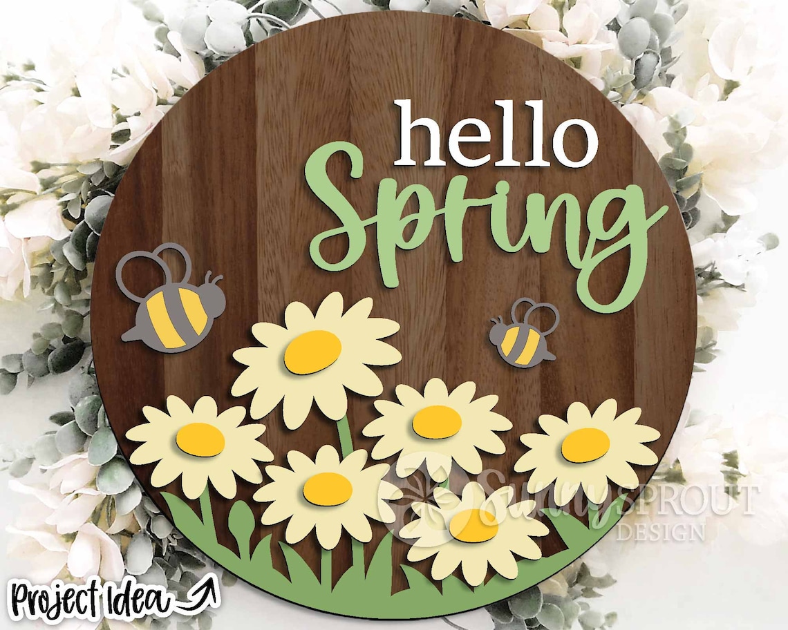 Hello Spring Daisy Bees Sign Round Door Hanger Svg Spring - Etsy
