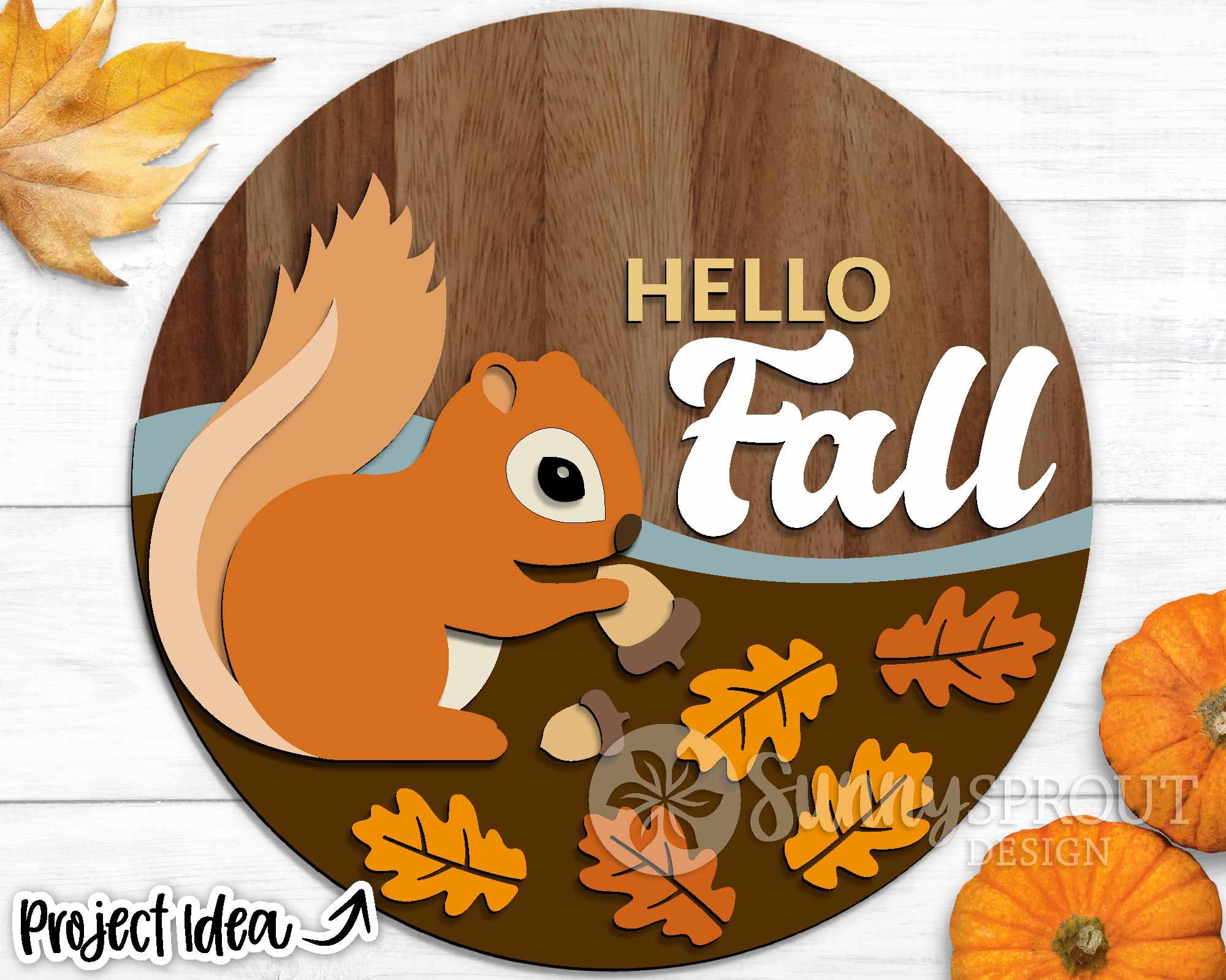 Hello Fall Squirrel, Digital Download, Round Door Hanger Svg, Autumn ...
