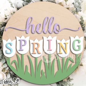 Hello Spring Tulips Sign, Round Door Hanger Svg, Spring Welcome Sign ...