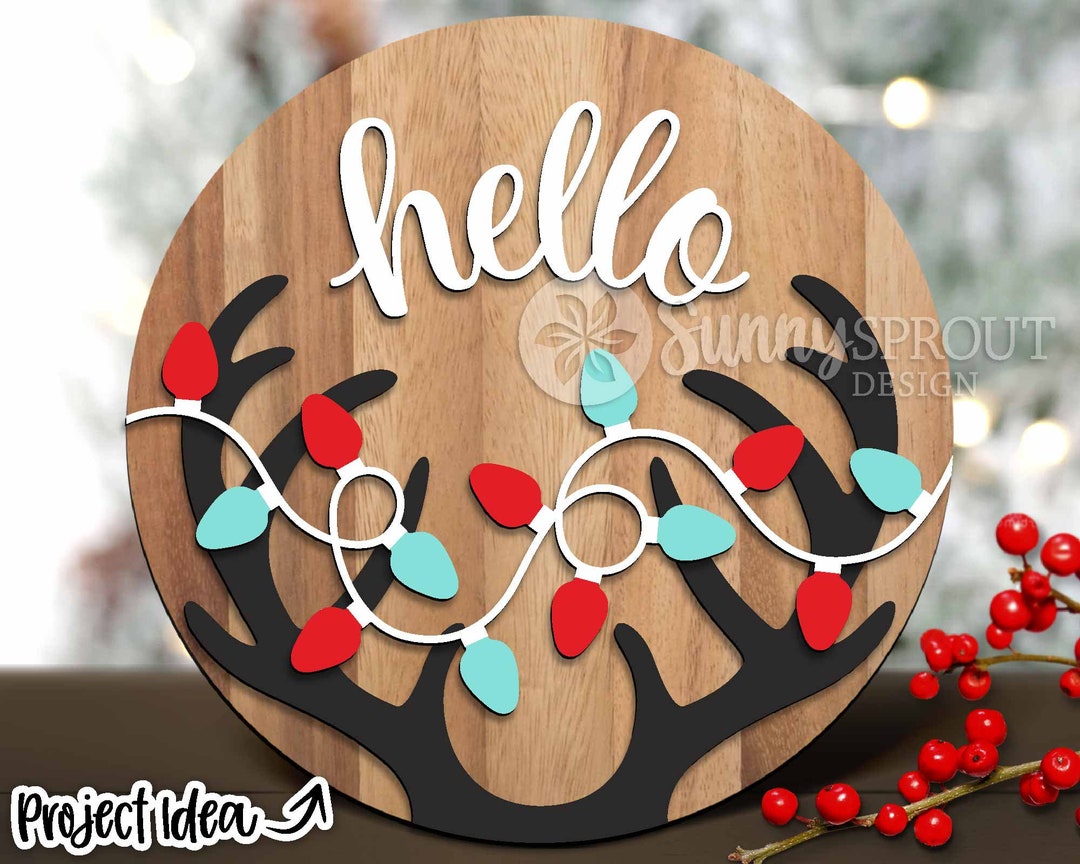 Hello Reindeer Lights Sign, DIGITAL Download, Round Door Hanger Svg ...