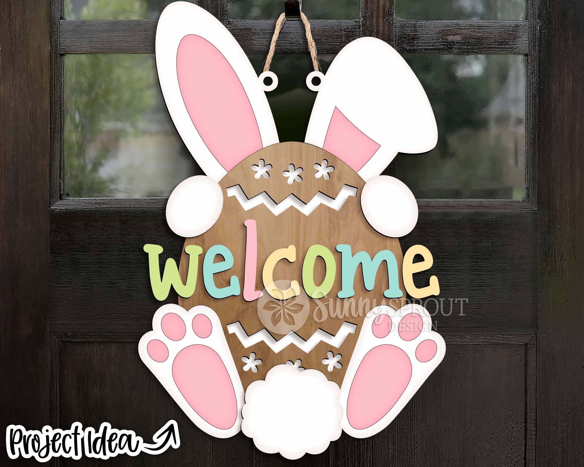 Easter Bunny & Egg Welcome Sign, Round Door Hanger Svg, Glowforge Laser ...