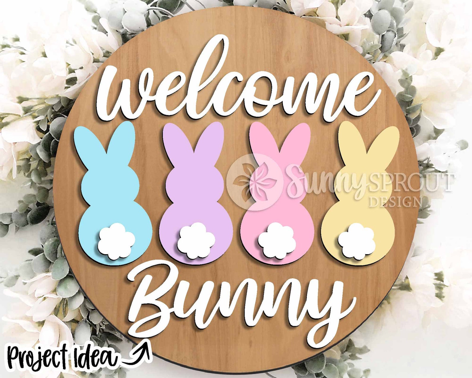 Welcome Bunny Tail Sign, Round Door Hanger Svg, Glowforge Laser File ...