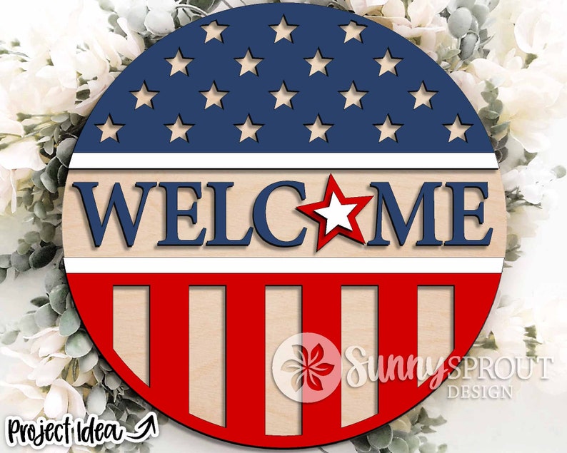 Welcome American Flag Patriotic Round Door Hanger Svg July - Etsy