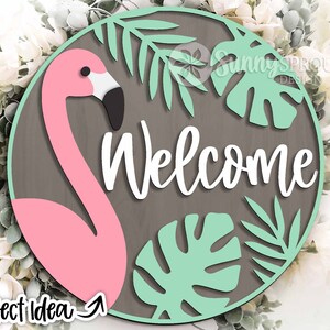 Welcome Flamingo Leaf Sign, Digital Download, Round Door Hanger Svg ...