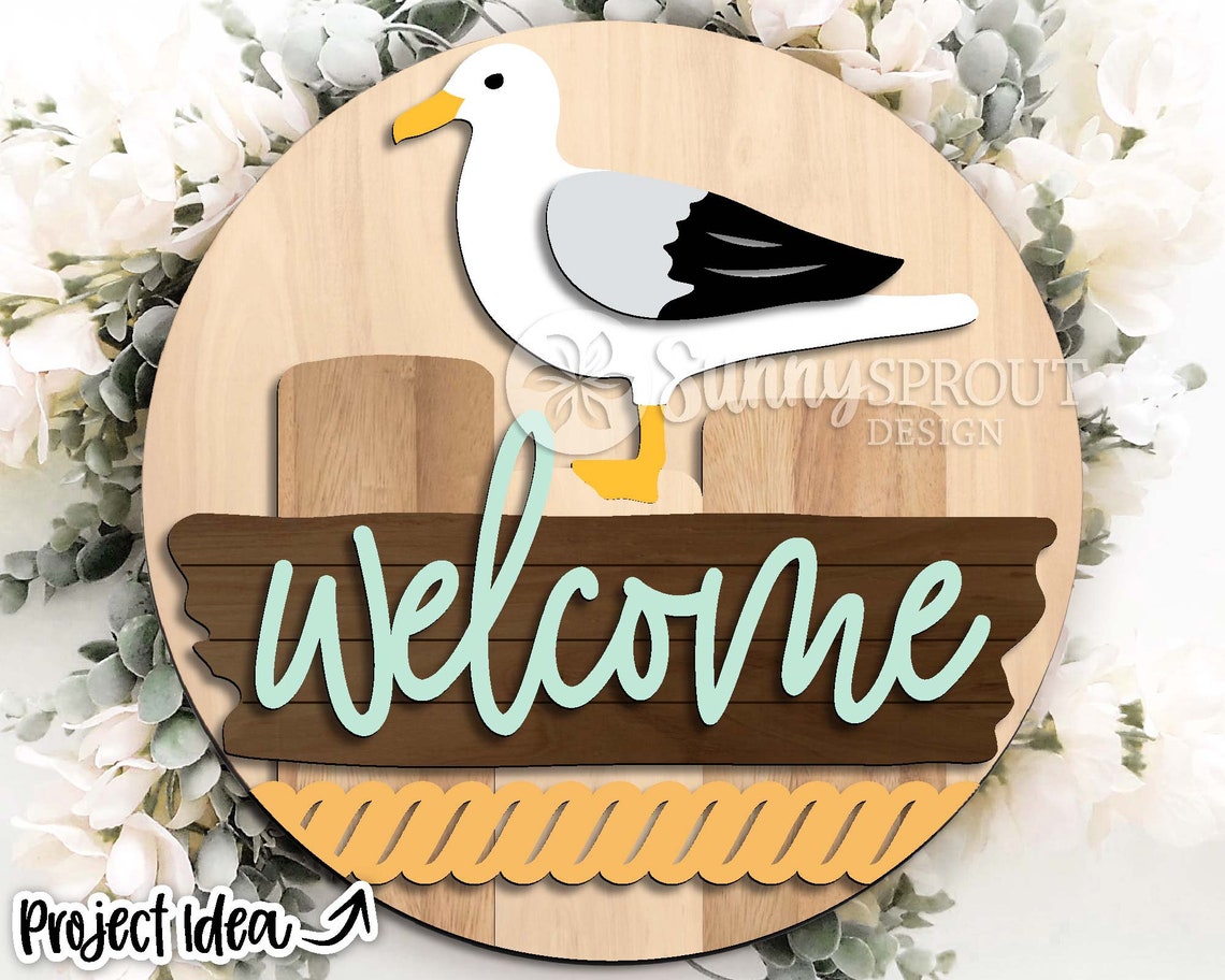 Welcome Seagull Driftwood Sign, Digital Download, Round Door Hanger SVG ...